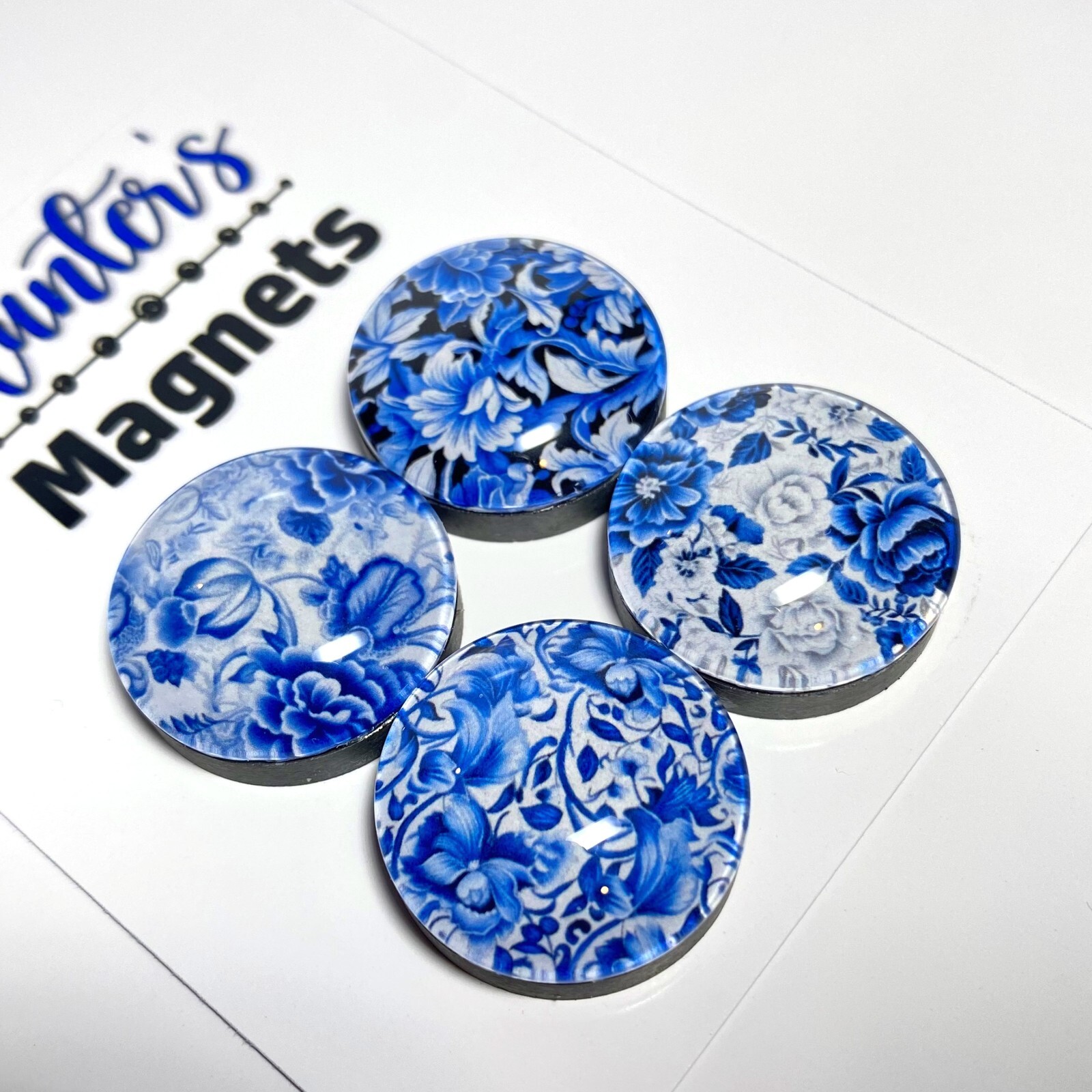 Set of 4 Handcrafted Glass Blue & White Porcelain Magnets ...