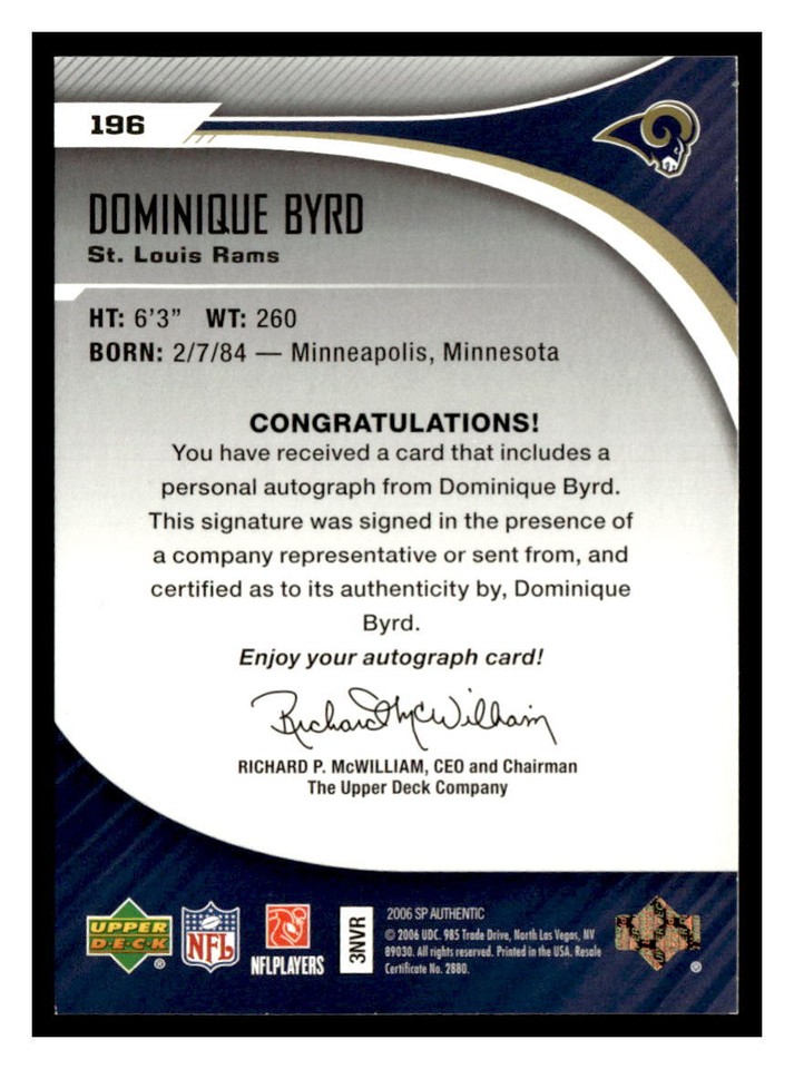 Dominique Byrd 2006 SP Authentic 196 RC, AU, SN1175 Rookie Auto | eBay