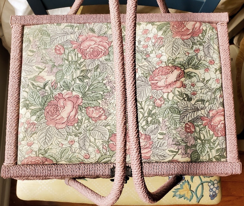XL Vintage Woven Wicker Look Pink Sewing Basket Fabric Latch Top Double ...