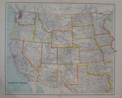 1933 MAP THE PACIFIC STATES CALIFORNIA NEVADA OREGON ARIZONA UTAH ...