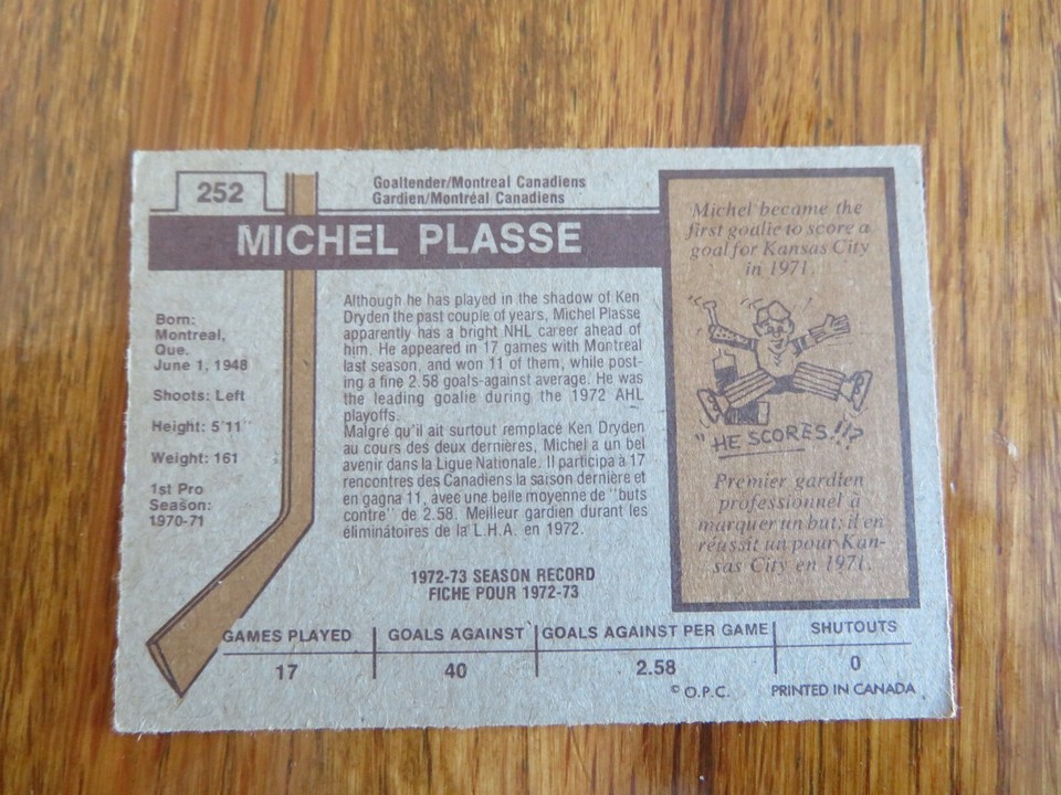 1973-74 OPC # 252 CANADIENS MICHEL PLASSE ROOKIE RC DARK BACK | eBay