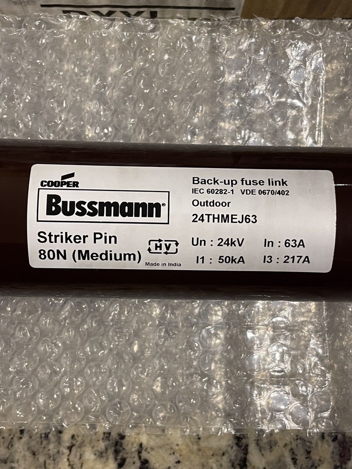 New Cooper Bussmann Striker Pin 80N 63A 24kV , 24TMEJ63 Back-up Fuse ...