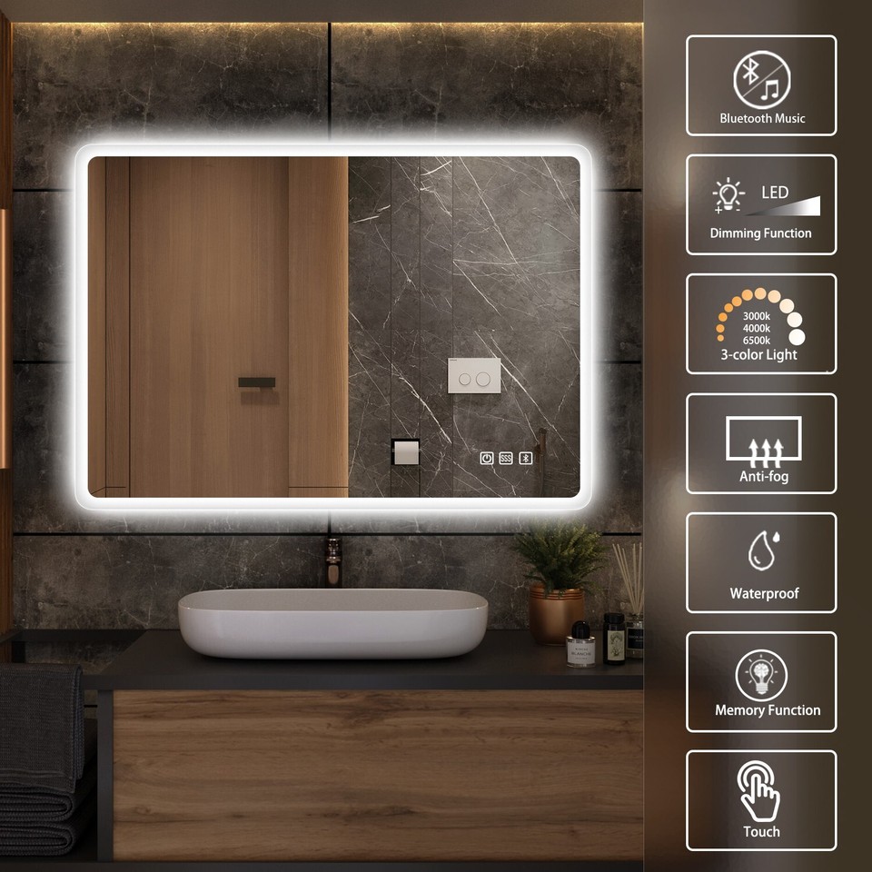 LED Ligthted Bathroom Mirror Vanity Makeup Anti-Fog Dimmable Large ...