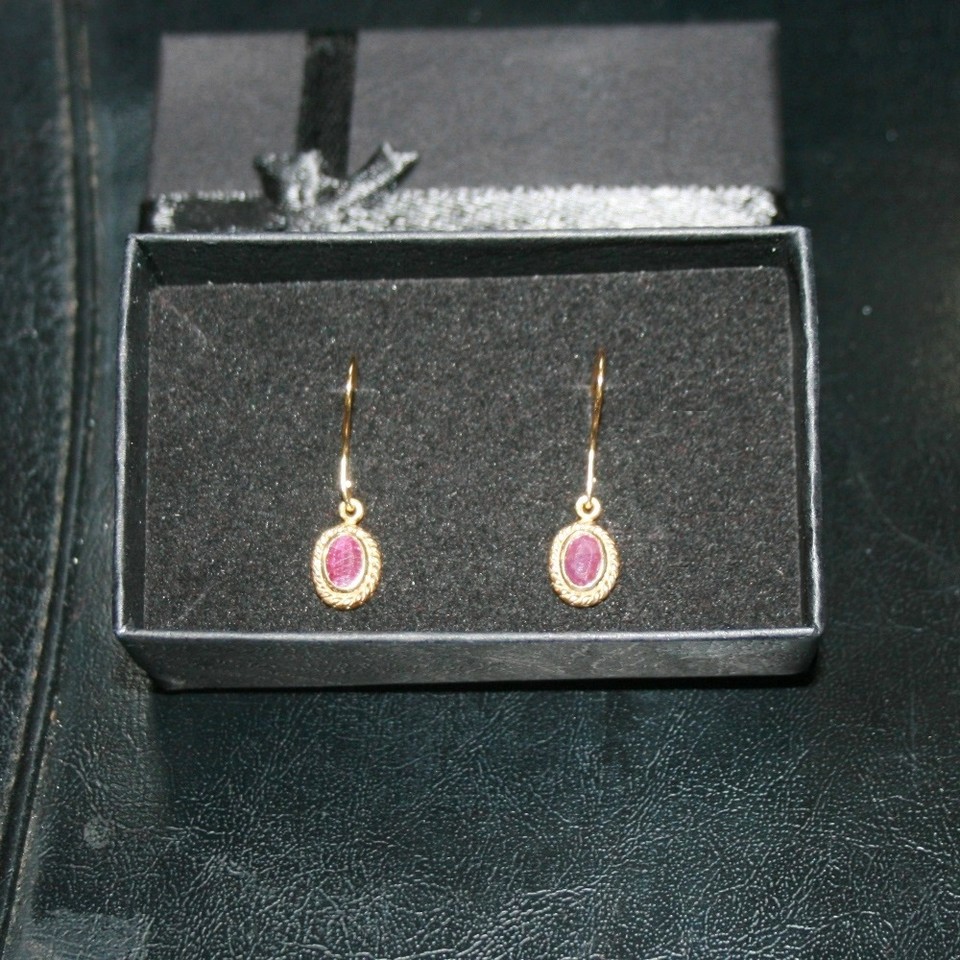 Oval Shaped Ruby Dangle Earrings Twisted Bezel Set 14k Yellow Gold over ...