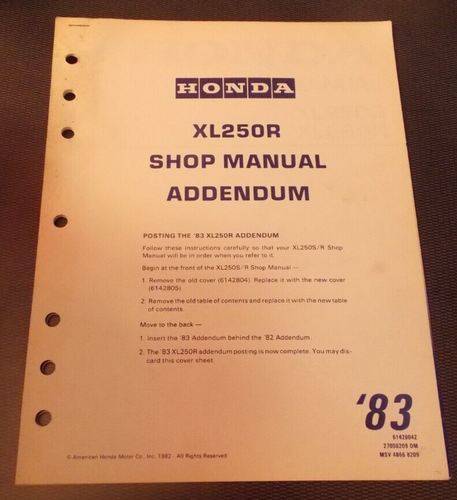 1983 Honda XL250R OEM Shop Manual Addendum