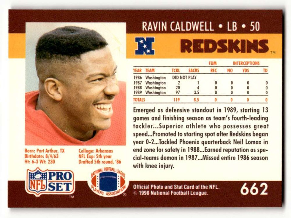 1990 Pro Set #662 Ravin Caldwell Washington Redskins Football Cards ID ...