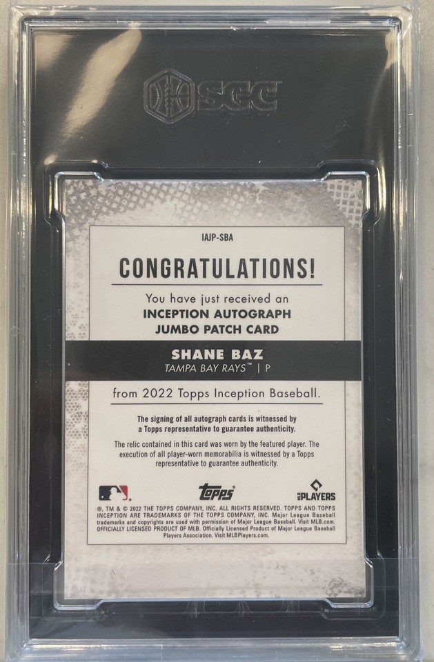 2022 TOPPS INCEPTION SHANE BAZ ROOKIE JUMBO PATCH AUTO RED /50 SGC 10 ...