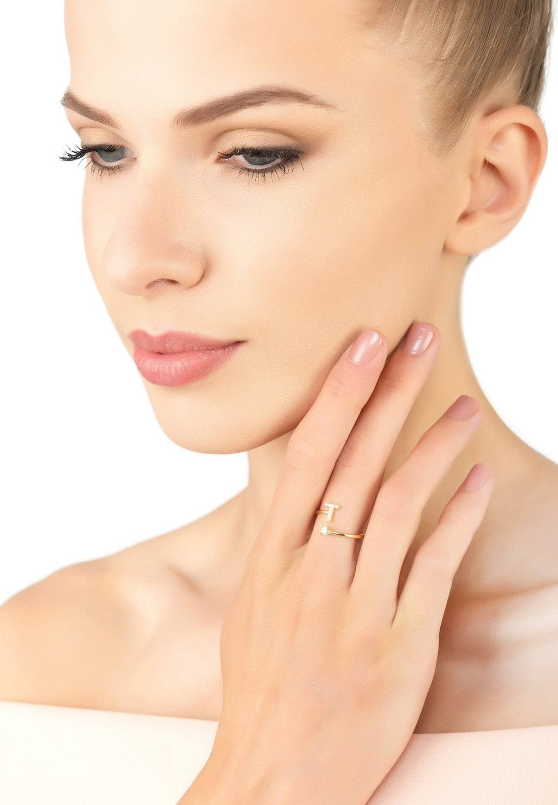 Yellow Gold Plated Adjustable Intial T Ring White CZ Gemstone ...