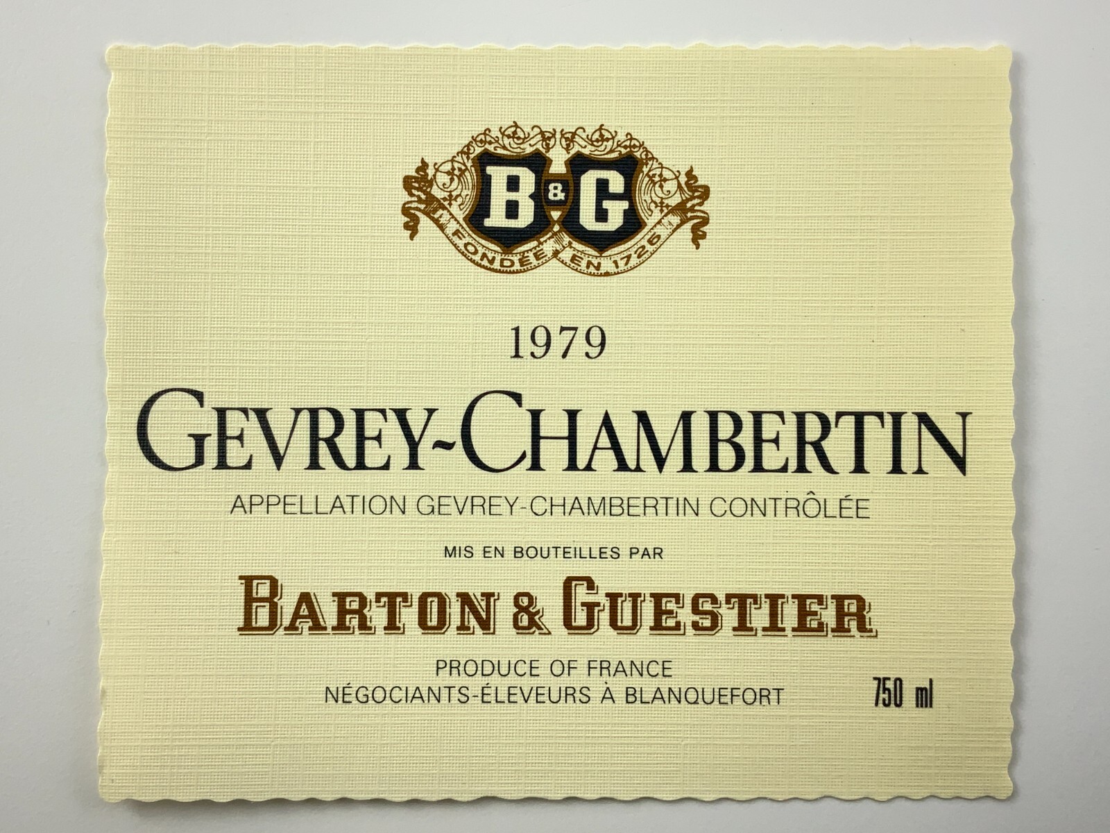 1979 Gevrey Chambertin Barton & Guestier Wine Label Produce of France ...