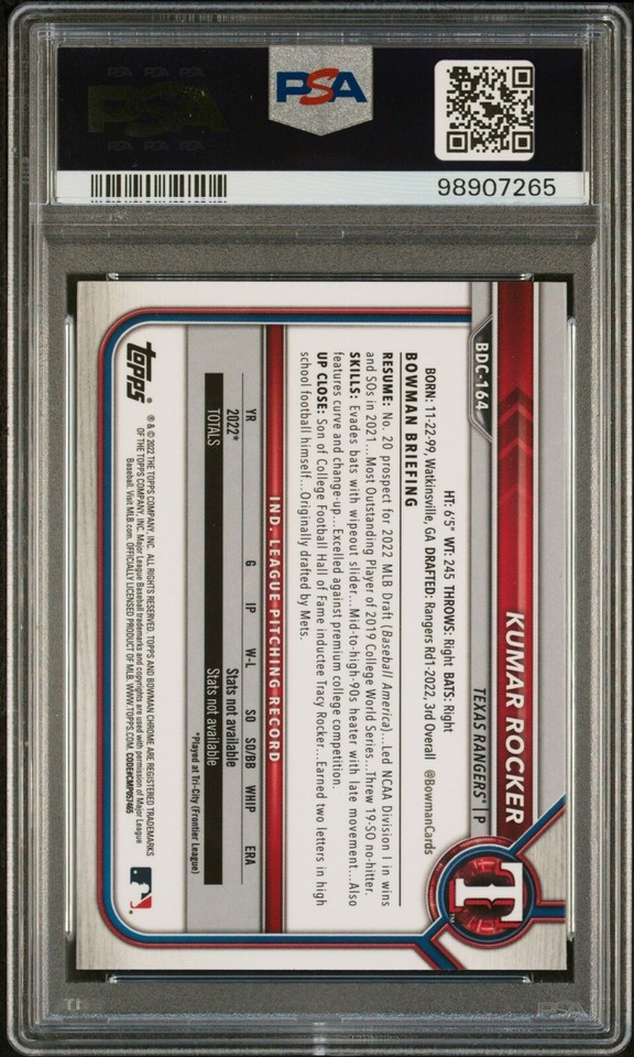 2022 Bowman Draft Sapphire Kumar Rocker 1st PSA 10 Chrome BDC-164 ...