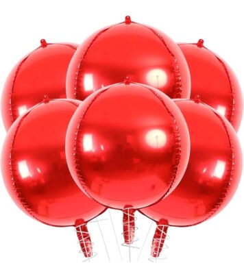 6Pcs 22 Inch Large Red Metallic 4D Round Orb Balloons Valentines Party ...