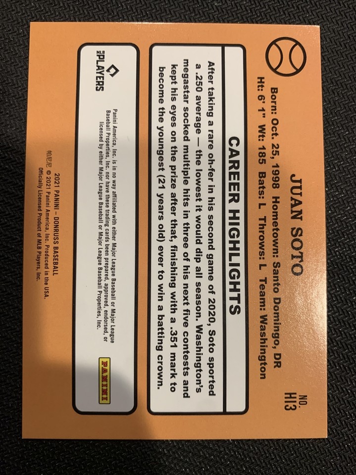 Juan Soto 2021 Panini Donruss Highlights #3 Silver /349 Washington ...