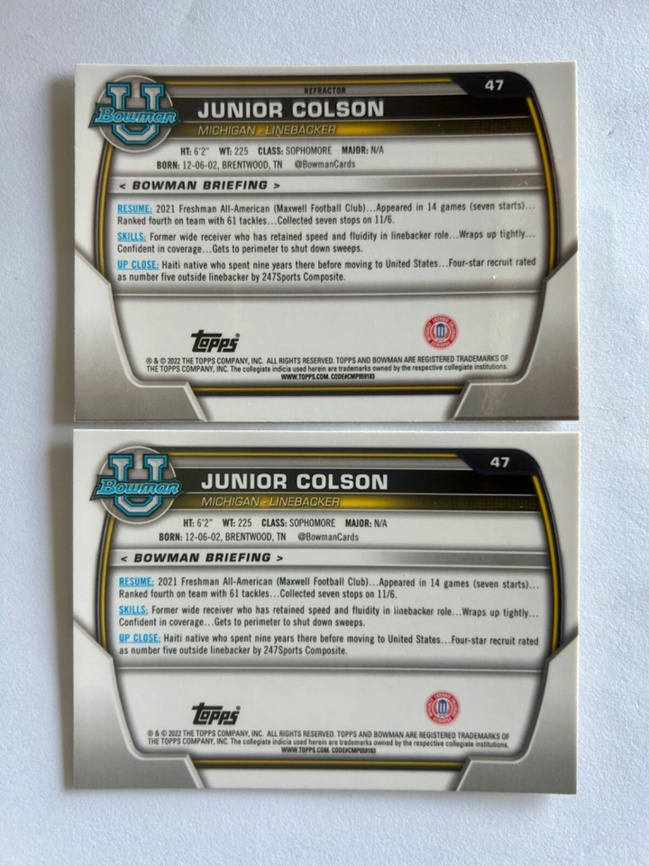 (2) 2022 Bowman Chrome Junior Colson SP Purple Shimmer + Base Refractor Card #47 | eBay