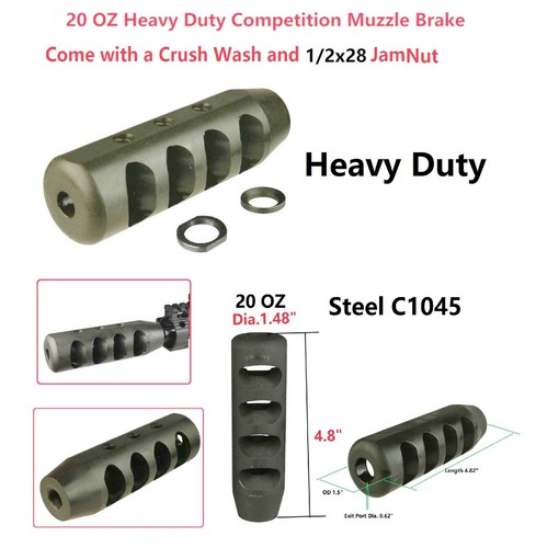 Steel 4.8" 20 OZ Extra Heavy Duty 1/2x28 TPI Compeition Muzzle Brake ...