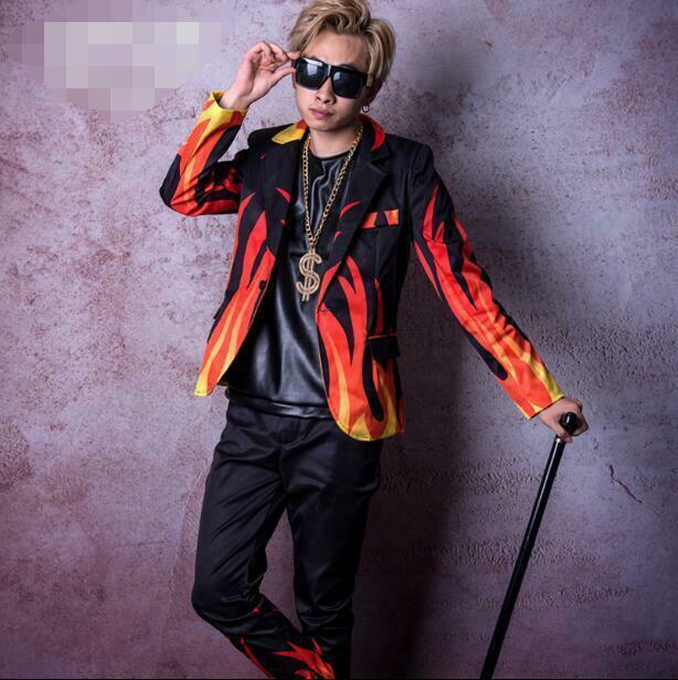 Men Long Jacket stage performance Rock Nightclub flame pattern suit ...
