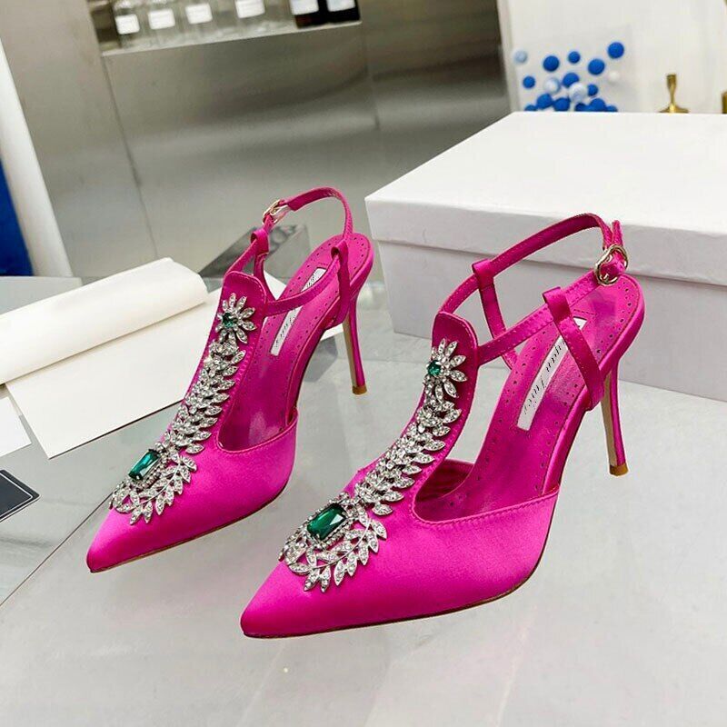 Women Rhinestone Pointed Toe High Heels Stiletto Sandals Pumps Wedding ...