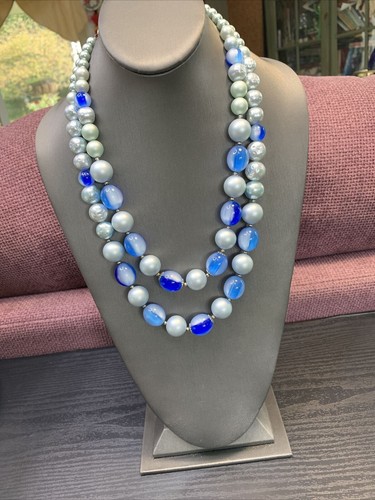 1950S Beautiful Pale Blue Faux Pearl Lucite Beaded Two Strand Pearl ...