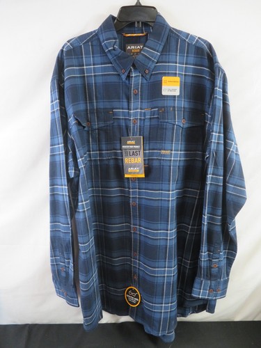 NWT ARIAT mens Rebar Flannel Durastretch Work Shirt Navy Blue Size 2XL ...