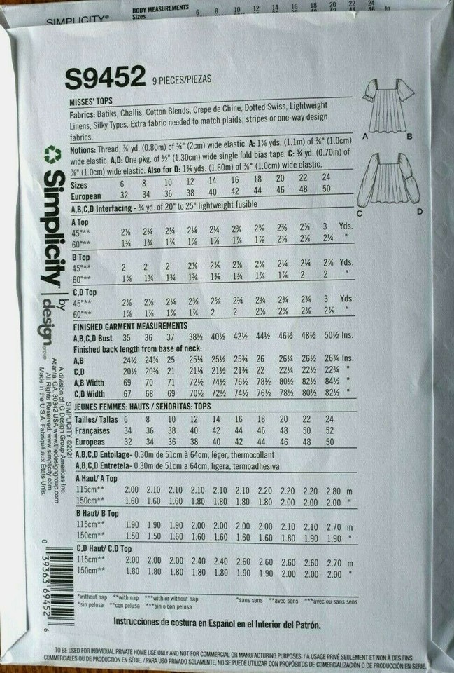 SIMPLICITY PATTERN 9452 TOPS MISSES SIZES 16 18 20 22 24 UNCUT | eBay