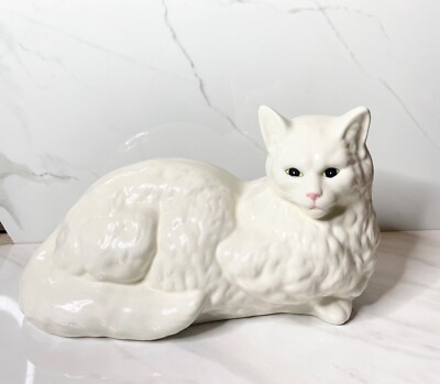 Vintage Large Ceramic White Persian Cat Statue Lying Down MCM Signed ...