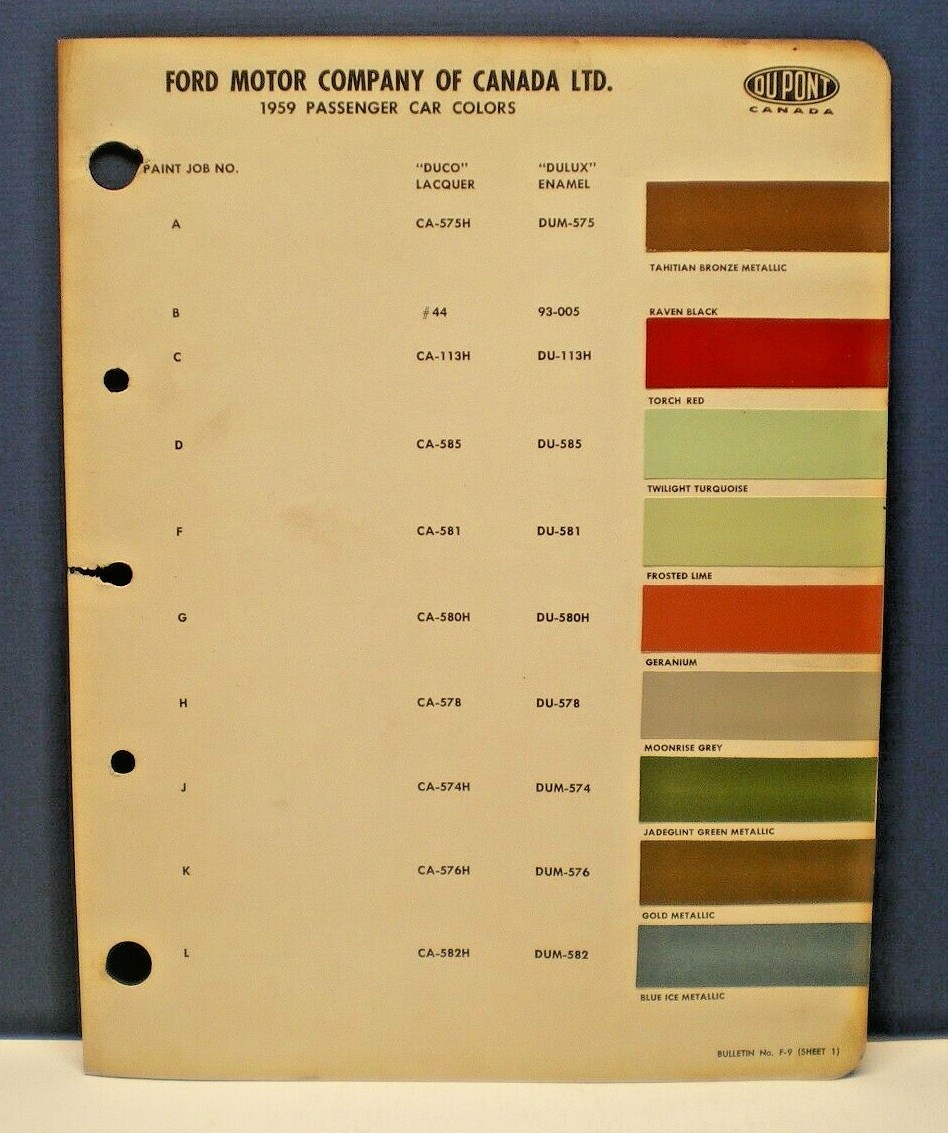 1959 FORD CANADA PASSENGER CAR COLORS DUPONT CANADA PAINT CHIP SAMPLES ...