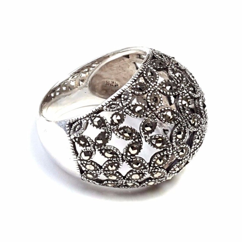 (SIZE 6,7,8) FLORAL LATTICE CHUNKY RING Marcasite Studded .925 STERLING ...
