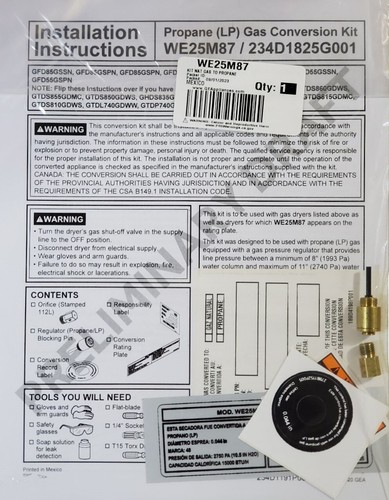 Ge Dryer Natural Gas To Propane Gas Conversion Kit WE25M87 Instructions ...