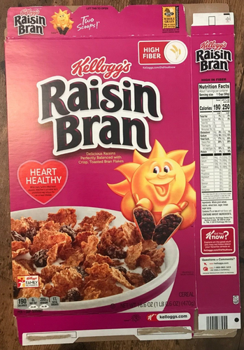 EMPTY Kellogg's Raisin Bran Healthy Rise Eat Shine Cereal Box Sunny ...