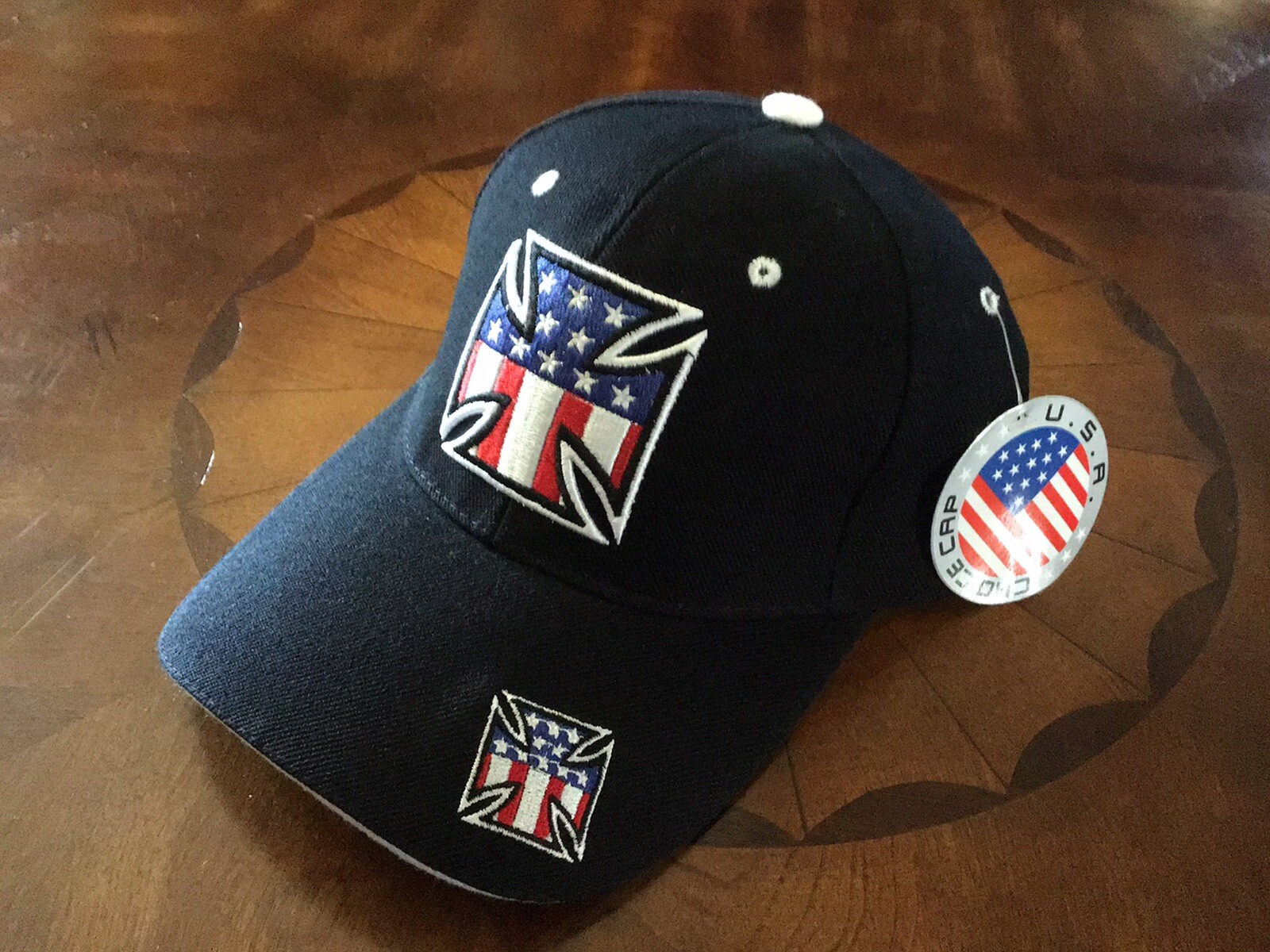 New American Flag Iron Cross Baseball Hat Black With White Rim ...