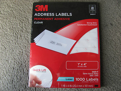New 3M Address Labels Permanent Adhesive Clear 3400-F (1” x 4”) 1000 ...