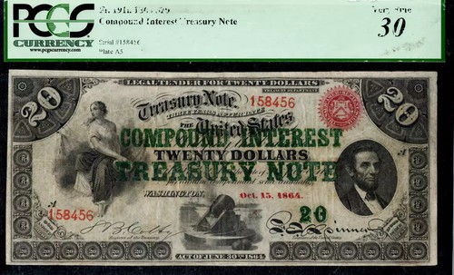 $20 1864= Fr.191a=RARE=COMPOUND INTEREST TREASURY NOTE=PCGS VERY FINE ...