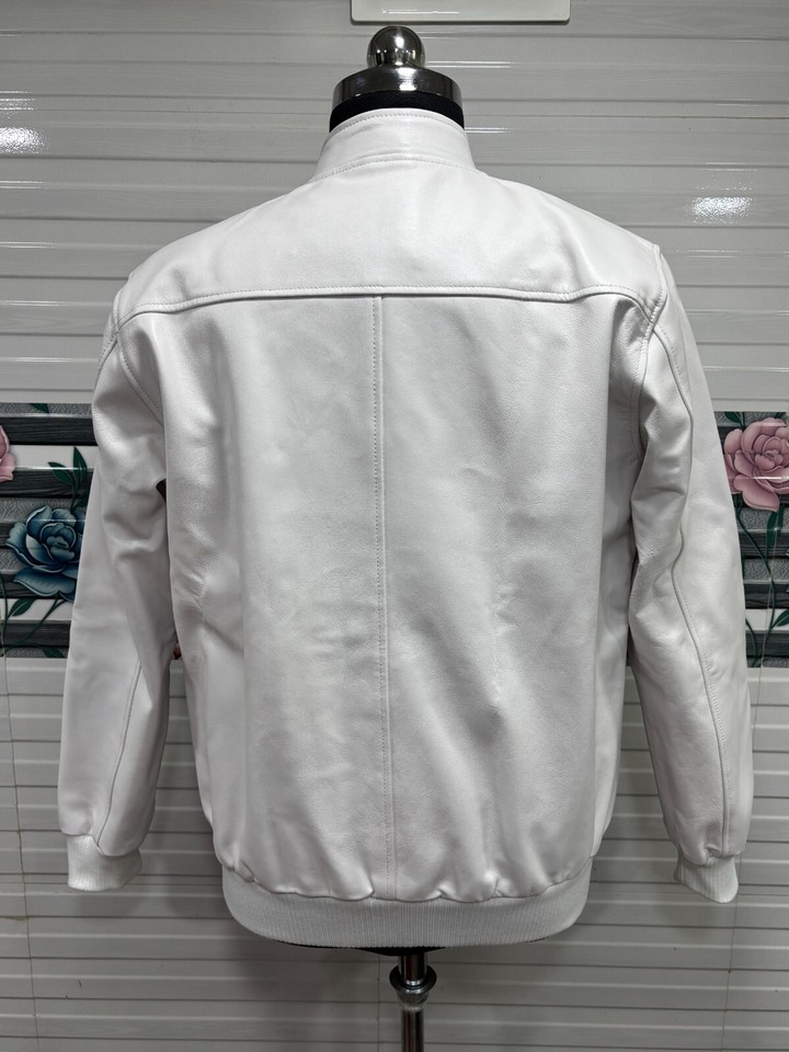Men's Pure White Leather Bomber Jacket Real Lambskin Leather Classic ...