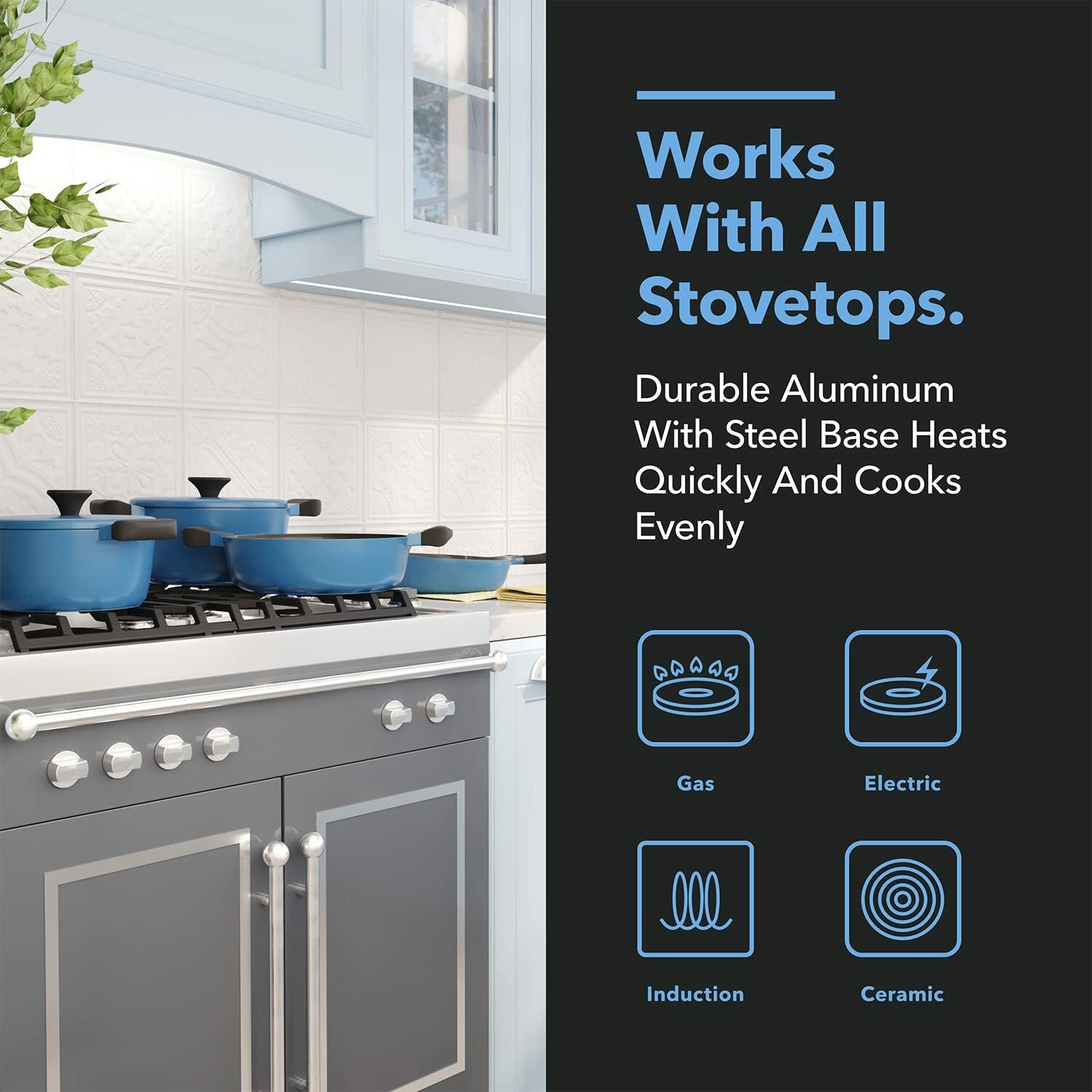 Vremi 8 Piece Ceramic Nonstick Cookware Set Induction Stovetop, Blue | eBay