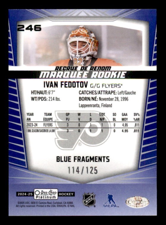 2024-25 OPC Platinum Blue Fragments #246 Ivan Fedotov Flyers Rookie ...