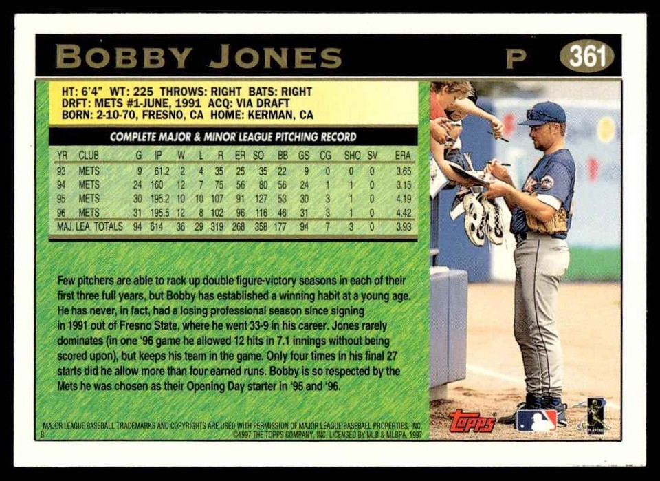 1997 Topps Baseball Card Bobby Jones New York Mets #361 | eBay