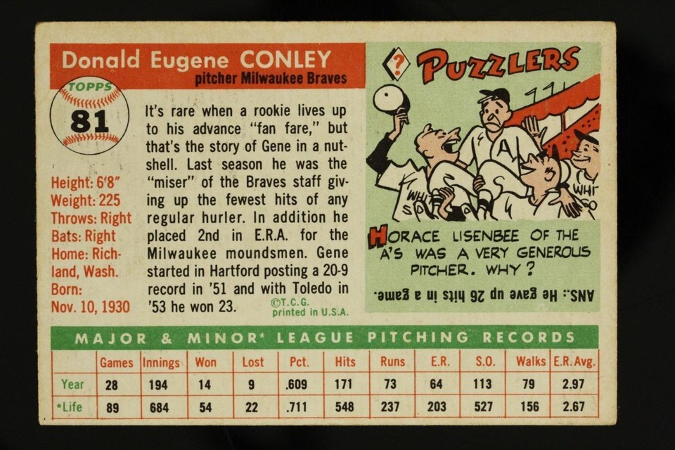 Vintage BASEBALL Card TOPPS 1955 #81 GENE CONLEY Milwaukee Braves ...
