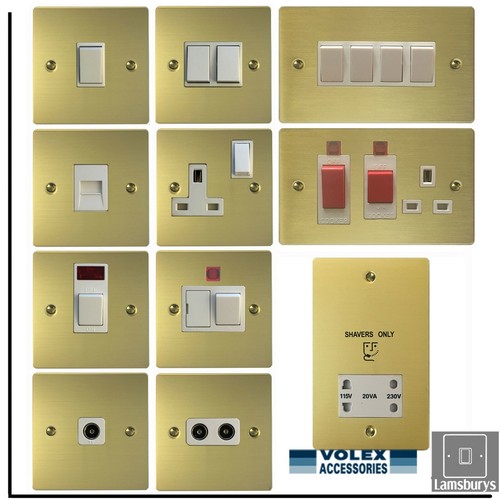 Volex Flat Brushed Brass Light Switches and Electrical Sockets White ...