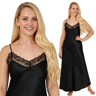 Long Full Length Black Sexy Silky Satin Lace Chemise Nightie Negligee ...