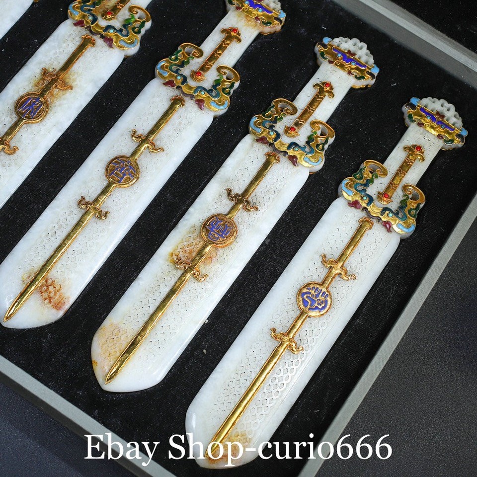 14''Old Dynasty Natural Hetian Jade Gold Dragon Beast Face Sword Blade ...