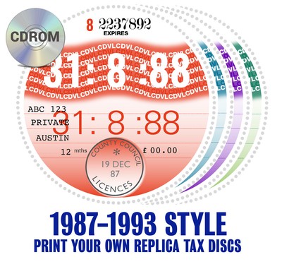 REPRODUCTION REPLICA ROAD TAX DISC 1987-1993 CDROM Customise + print ...
