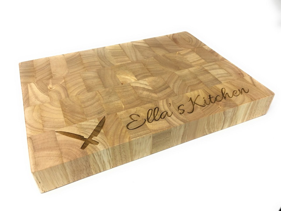 Personalised Thick End Grain Heveawood Chopping Block Engraved Birthday ...
