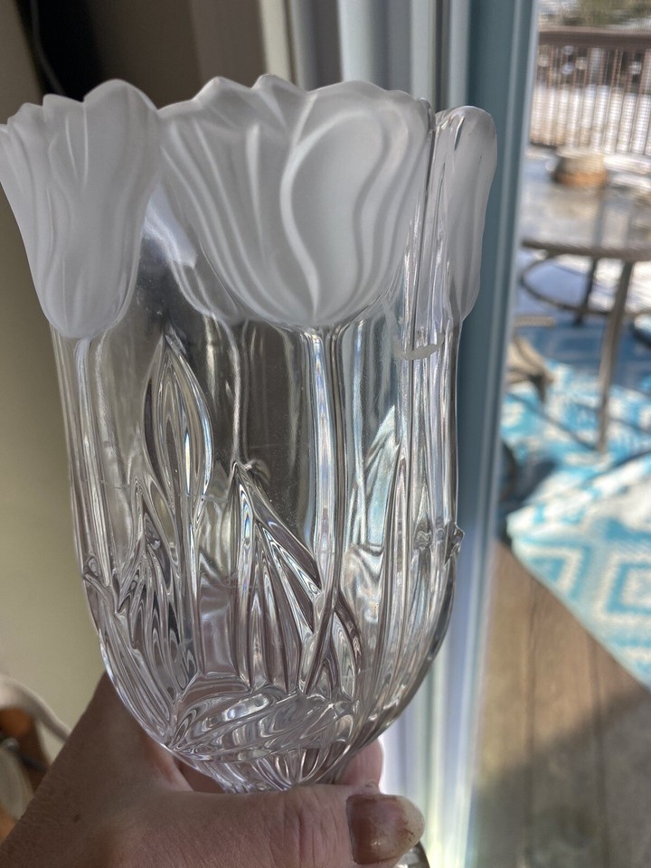Vintage Block Lead Crystal Frosted Tulip Hurricane Vase/Candle Holder 7 ...