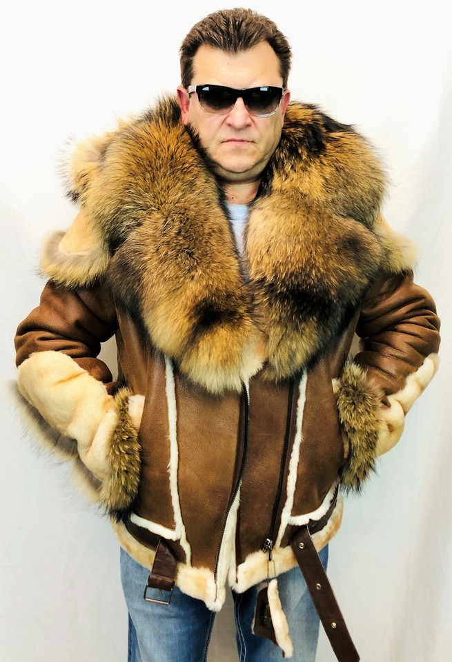 REAL 100% SHEEPSKIN SHEARLING LEATHER REAL RACCOON BOMBER B3 Coat ...