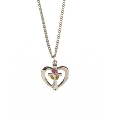 Silver Plated Heart Cross With Rose Necklace | eBay