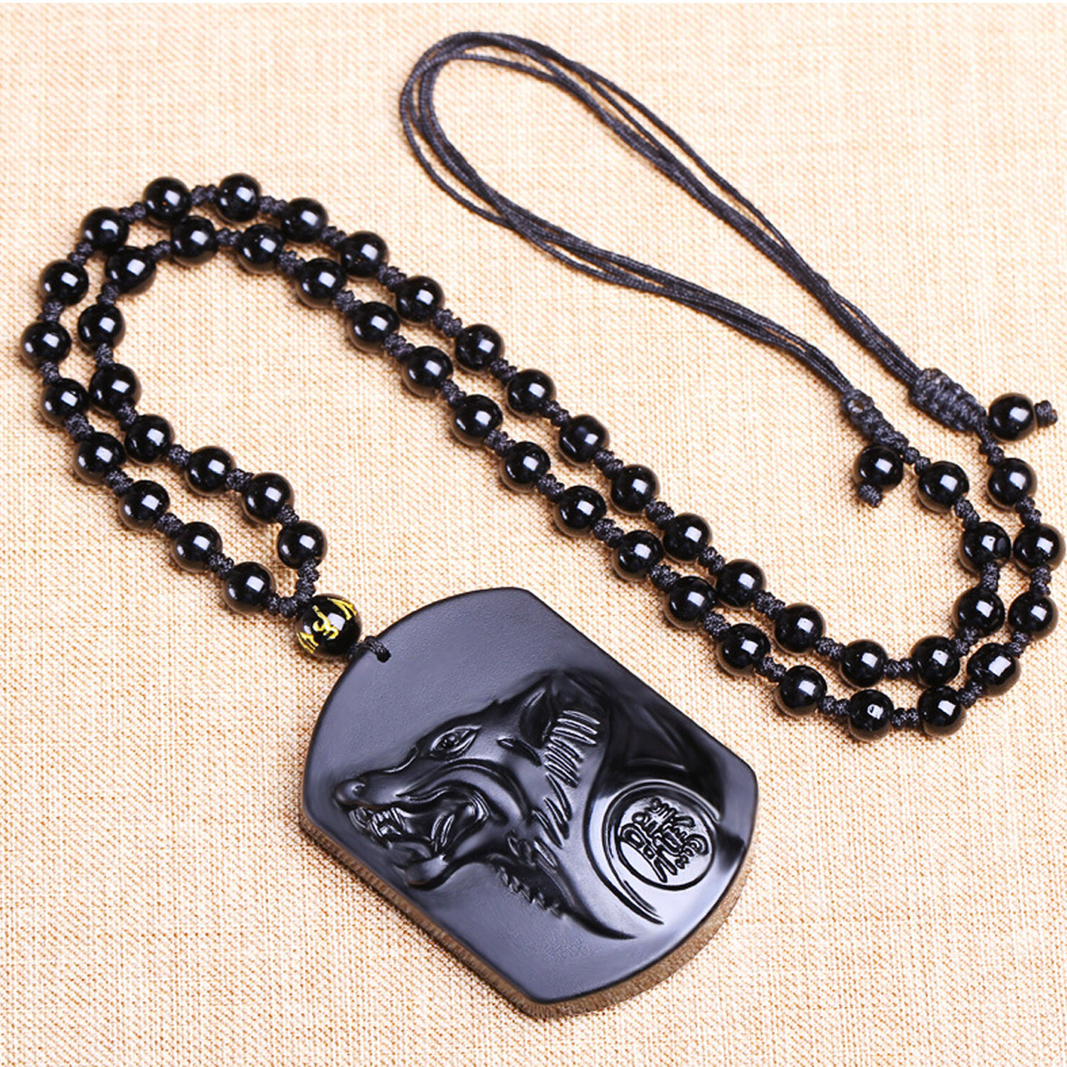 Black Natural Obsidian Wolf Bead Pendant Necklace Chain Transhipped ...
