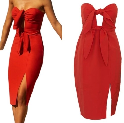 Runaway the label Strapless Sze 8 red goodies midi slit dress with bow ...