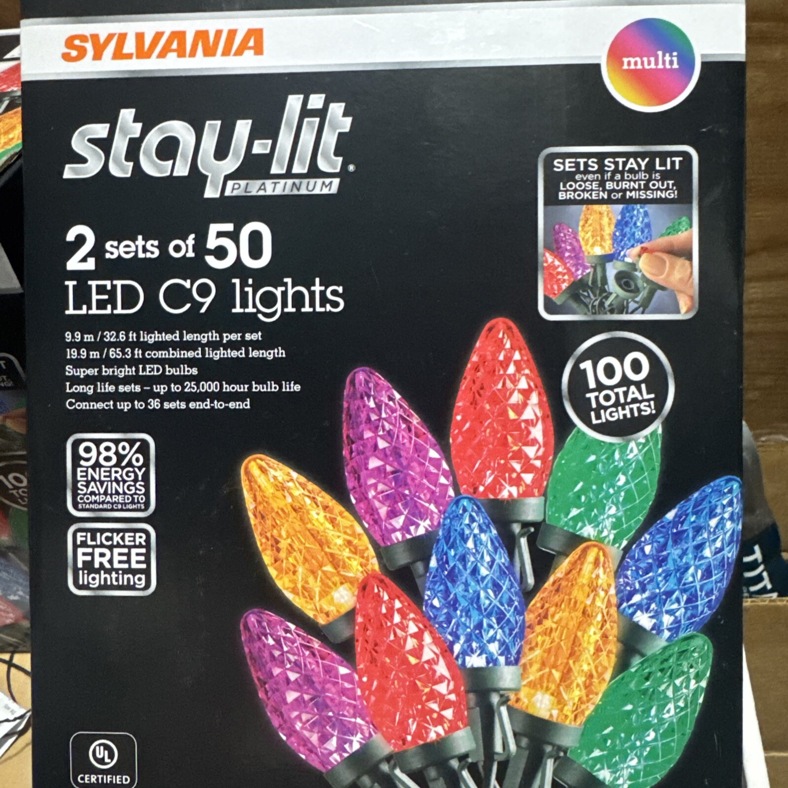Sylvania Stay-Lit Platinum Strings LED C9 Christmas Lights, Multi Color ...