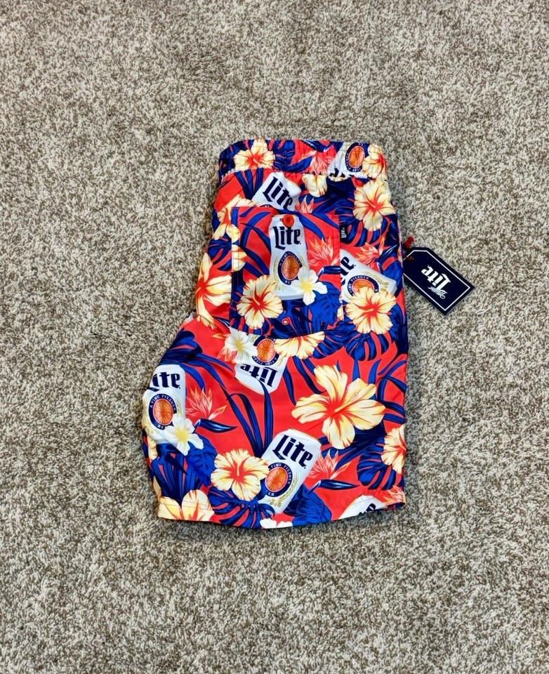 MENS Size (M) FLORAL Miller Lite Beer Can LOGO Swim Trunks NWT | eBay