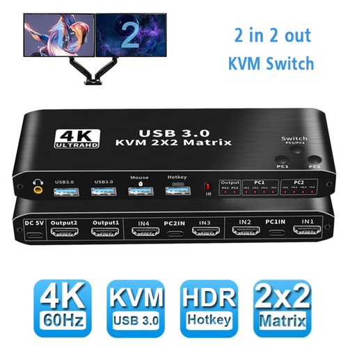 HDMI Matrix Switch 2x2 4K HDMI Matrix Switcher Splitter 2In 2 Out Box ...