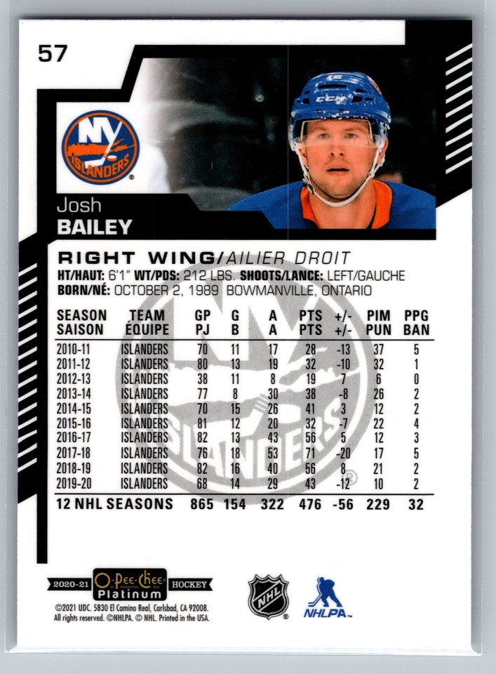 2020-21 O-Pee-Chee Platinum #57 Josh Bailey New York Islanders | eBay